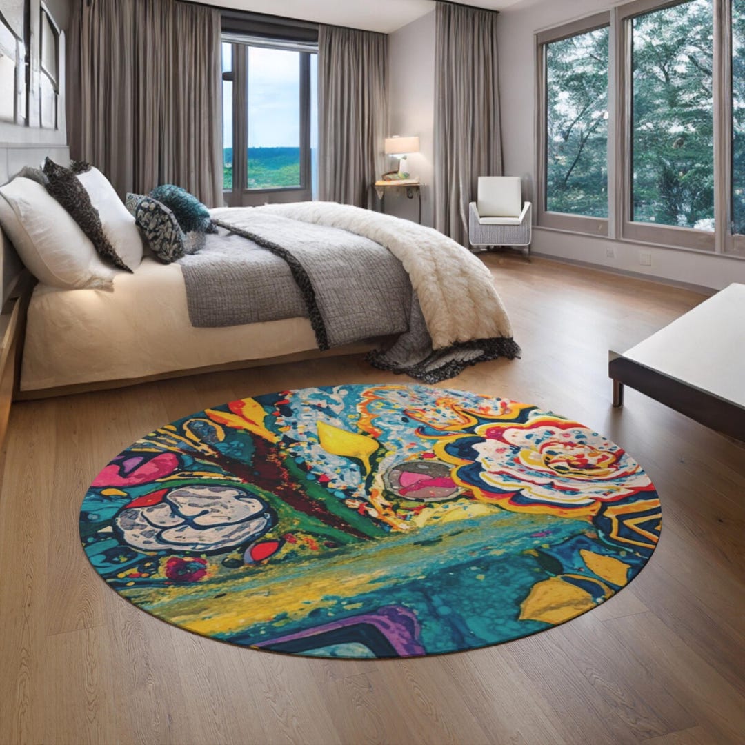 Modern Art Maximalist Rug Funky Floral Area Rug Contemporary Round ...