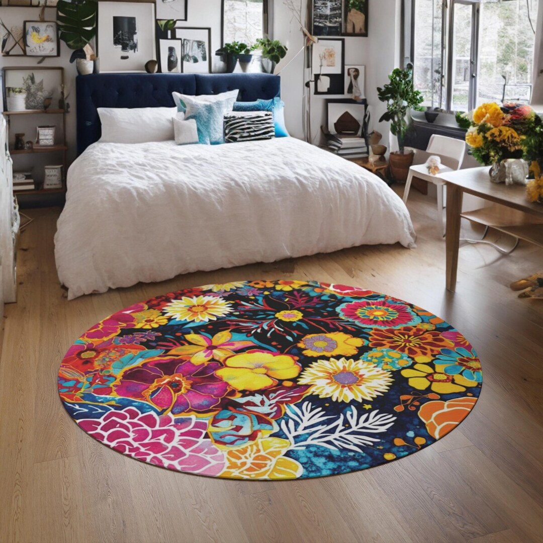 Colorful Maximalist Floral Round Rug Bohemian Home Decor Vibrant Area ...