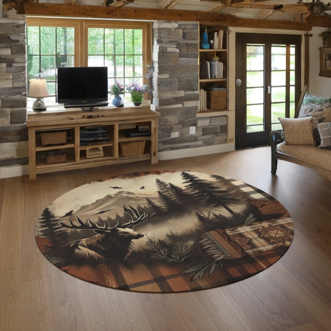 Round Rustic Cabin Rug Brown Wildlife Area Rug Modern - Etsy