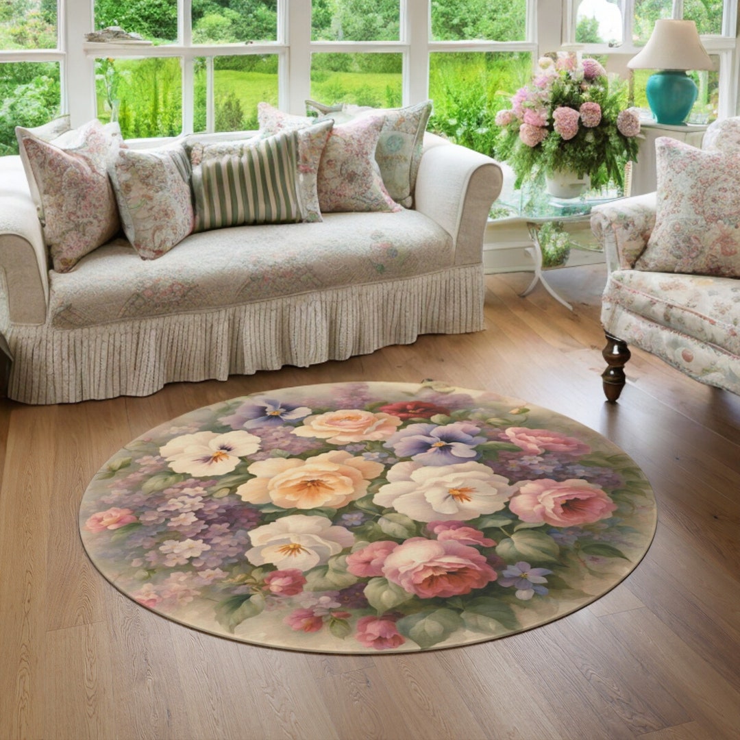 Round Victorian Floral Area Rug Shabby Chic Floor Mat Old Fashioned ...