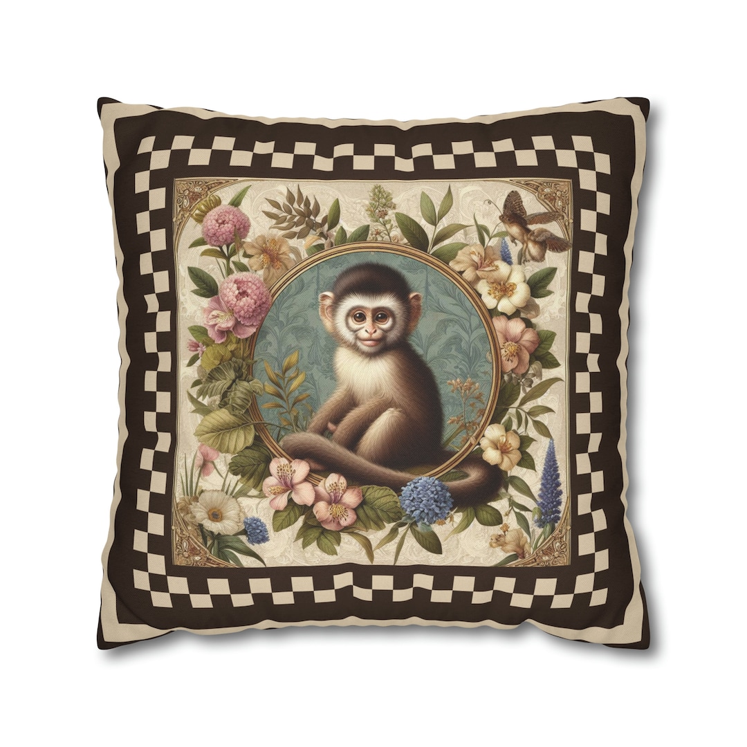 Monkey Pillow COVER Art Nouveau Monkey Cushion Cover Designer Checkered Pillow With Monkey ...