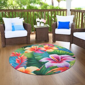 Round Tropical Floral Rug Coastal Floor Mat Vibrant Hibiscus Sunroom ...