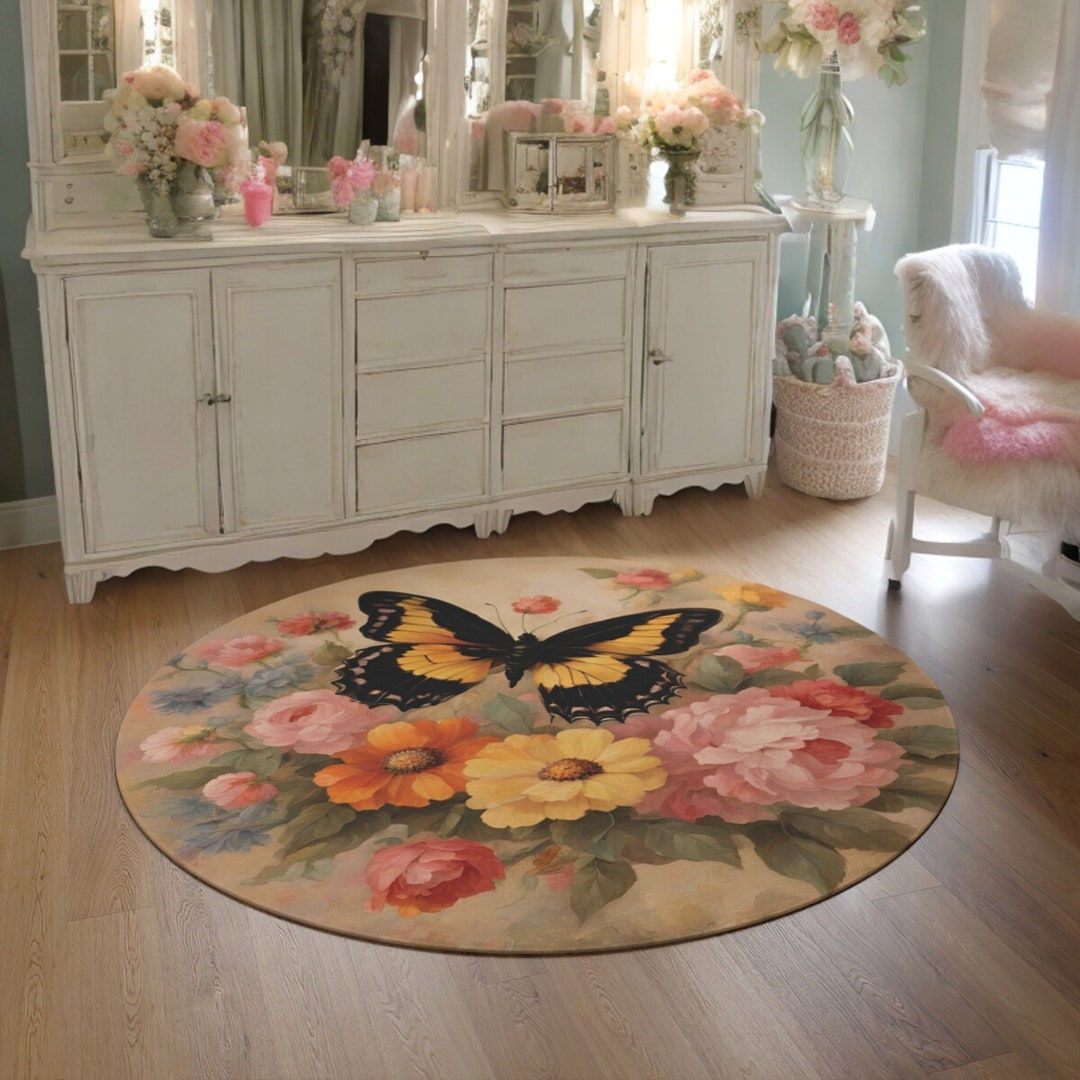 Round Shabby Chic Floral Rug Butterfly Area Rug Circular Vintage ...