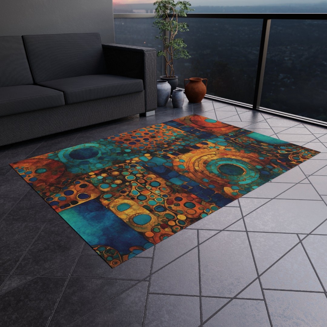 Abstract Art Nouveau Rectangular Rug Gustav Klimt Inspired Blue and ...