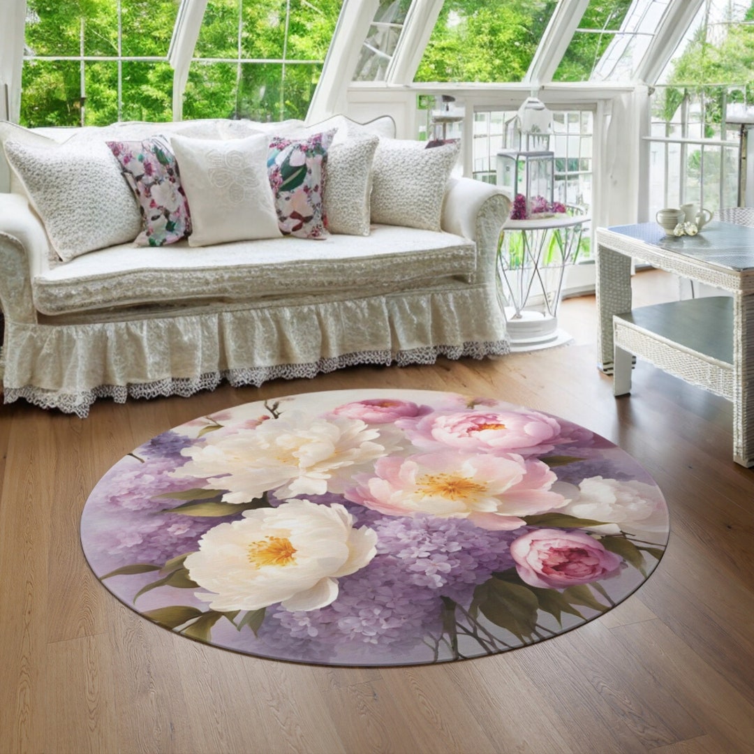 Round Pastel Floral Area Rug Pink Peonies Lilacs White Roses Designer ...
