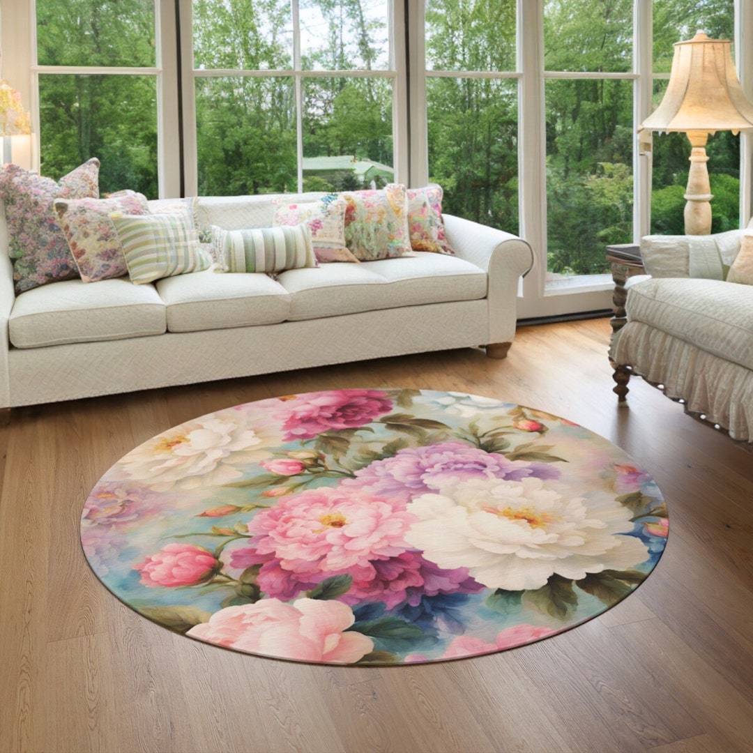 Round Dreamy Floral Area Rug Pastel Shabby Chic Floor Mat Vintage ...