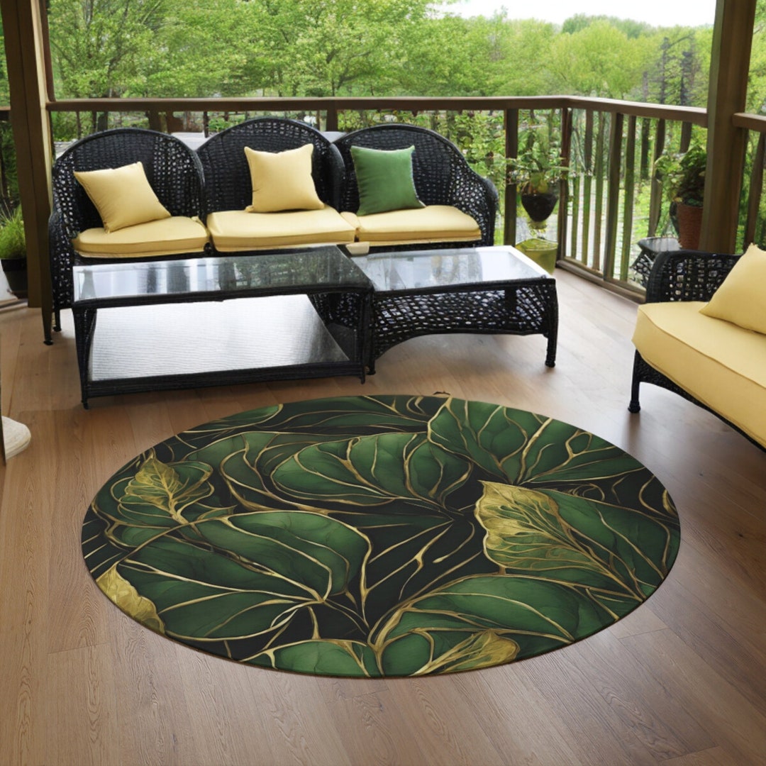 Dark Green Leaf Rug Tropical Leaves Round Floor Mat Green Gold Black ...