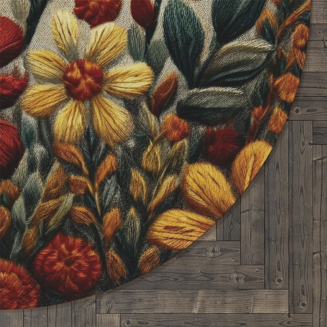 Round Cottagecore Floral Area Rug Faux Embroidery PRINT - Etsy