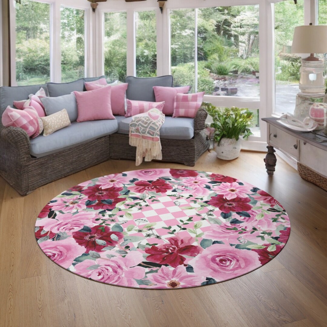 Round Pink and White Check and Floral Area Rug Circular Spring Floral ...