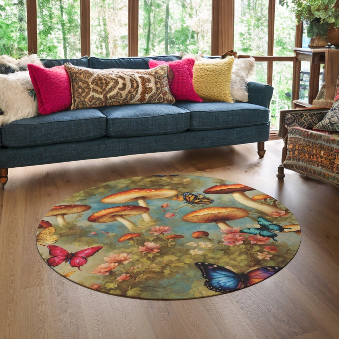 Round Bohemian Hippie Mushroom Area Rug Cottagecore Rug Circular Fungi ...