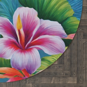 Round Tropical Floral Rug Coastal Floor Mat Vibrant Hibiscus Sunroom ...