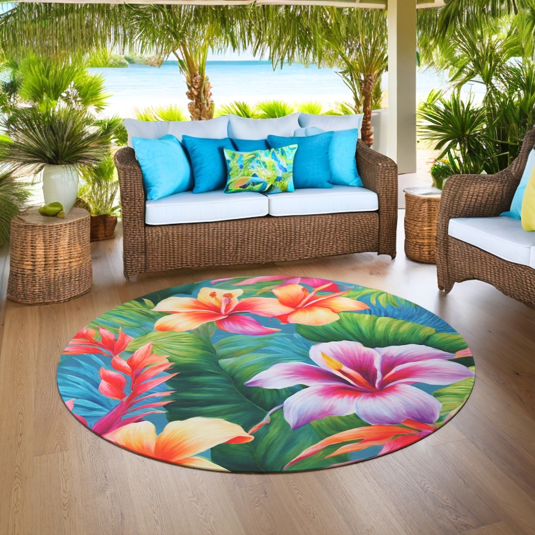Round Tropical Floral Rug Coastal Floor Mat Vibrant Hibiscus Sunroom ...