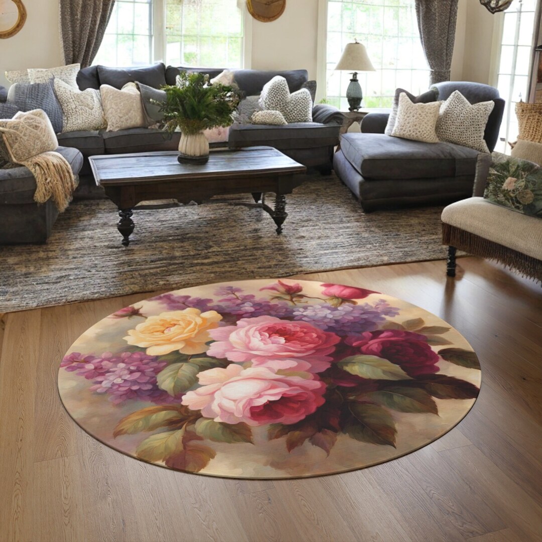Round Shabby Chic Floral Area Rug Antique Roses Floor Mat Victorian Rug ...