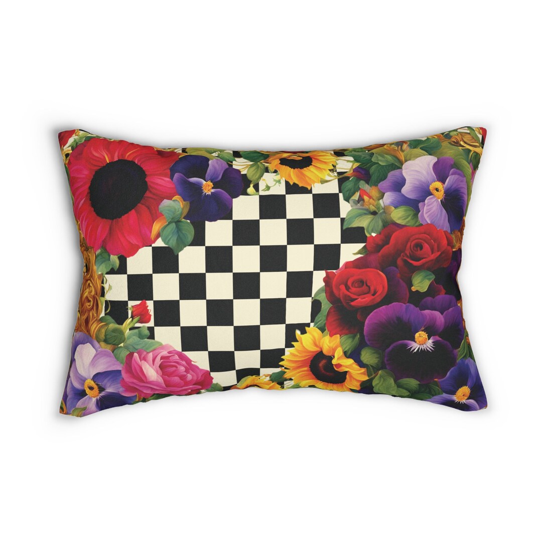 Maximalist Floral and Check Lumbar Pillow Country Chic Pansies Pillow ...