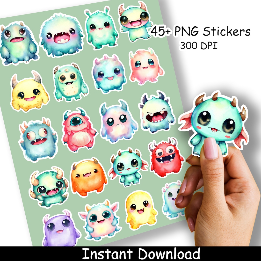 Cute Watercolor Monster Sticker, Kawaii Sticker Sheet, Monster Clipart ...