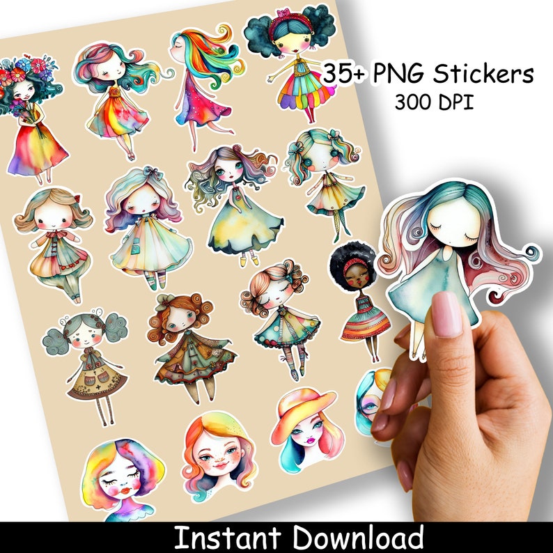 Whimsical Girls Clipart Digital PNG Stickers Watercolor - Etsy