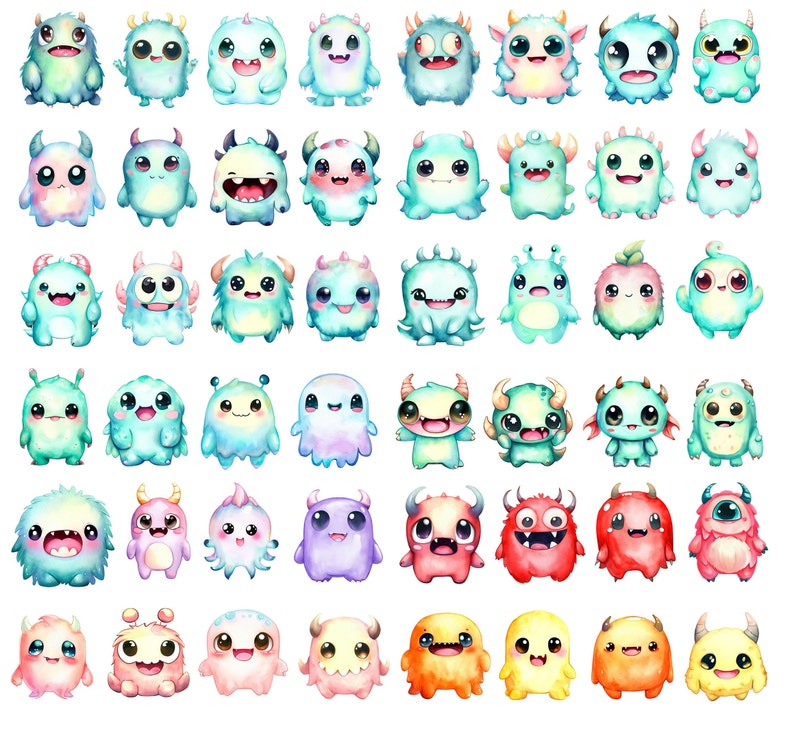Cute Watercolor Monster Sticker, Kawaii Sticker Sheet, Monster Clipart ...