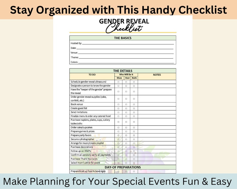 Printable Editable Gender Reveal Planning Template Checklist - Etsy