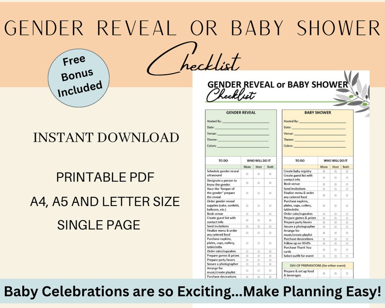 Printable Baby Shower Gender Reveal Checklist Instant Download - Etsy