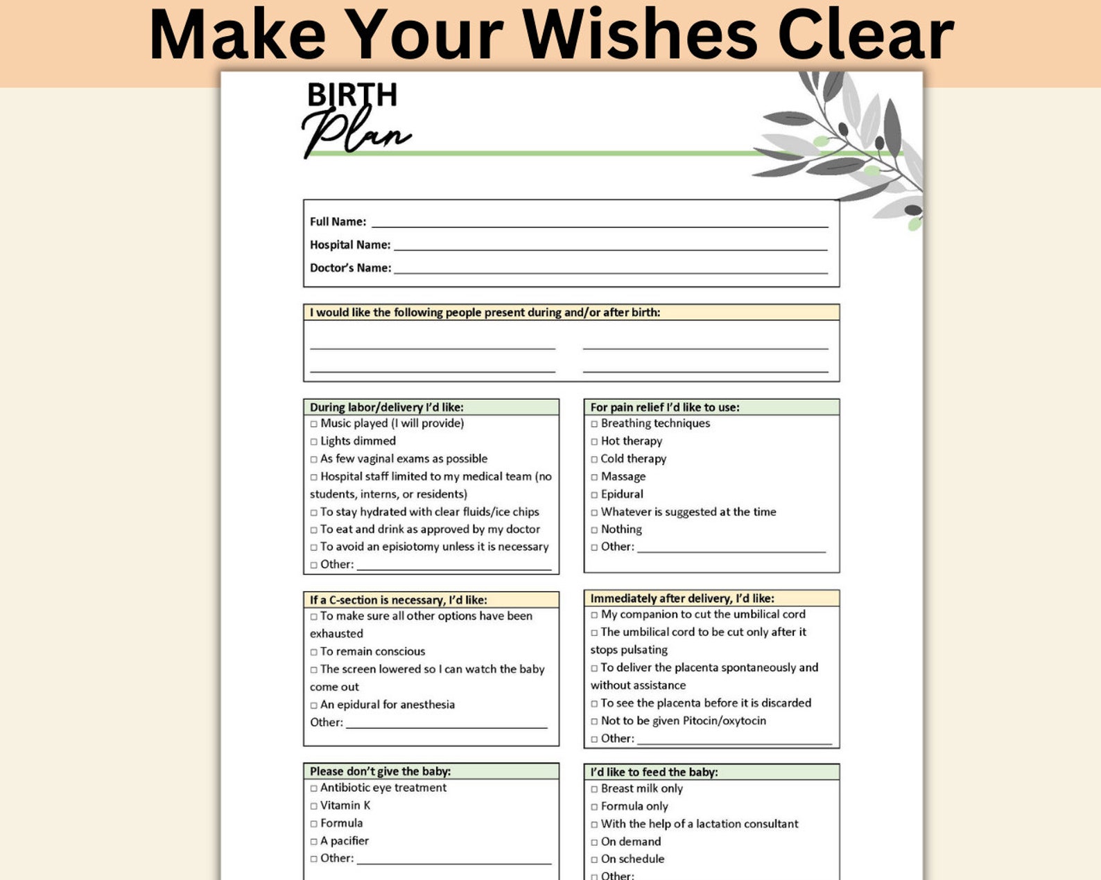 Printable Birth Plan Template Instant Download to Customize - Etsy