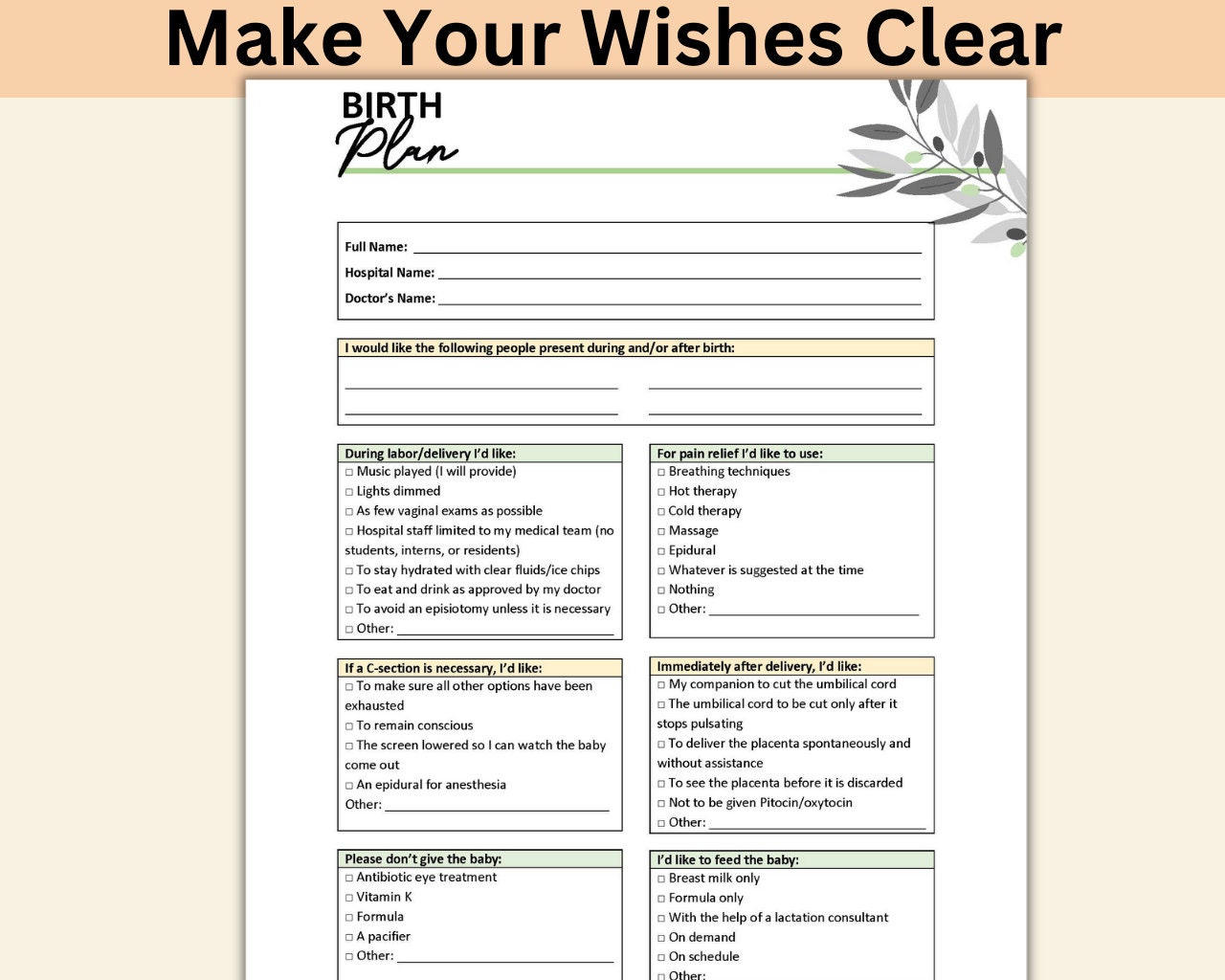 Printable Birth Plan Template Instant Download to Customize - Etsy