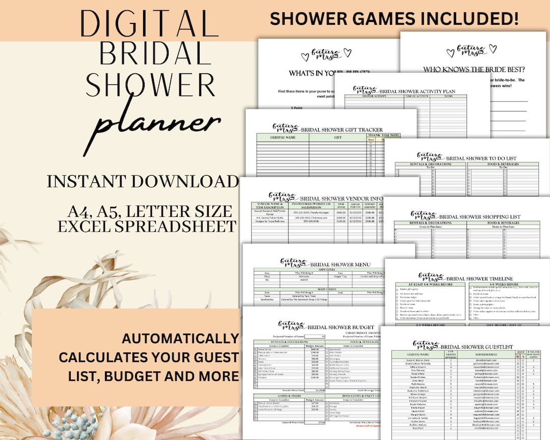 Digital Bridal Shower Planner: Excel Spreadsheet Template (digital ...