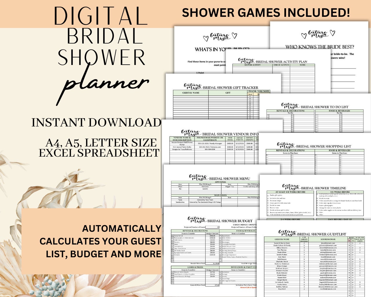 Digital Bridal Shower Planner: Excel Spreadsheet Template (digital ...