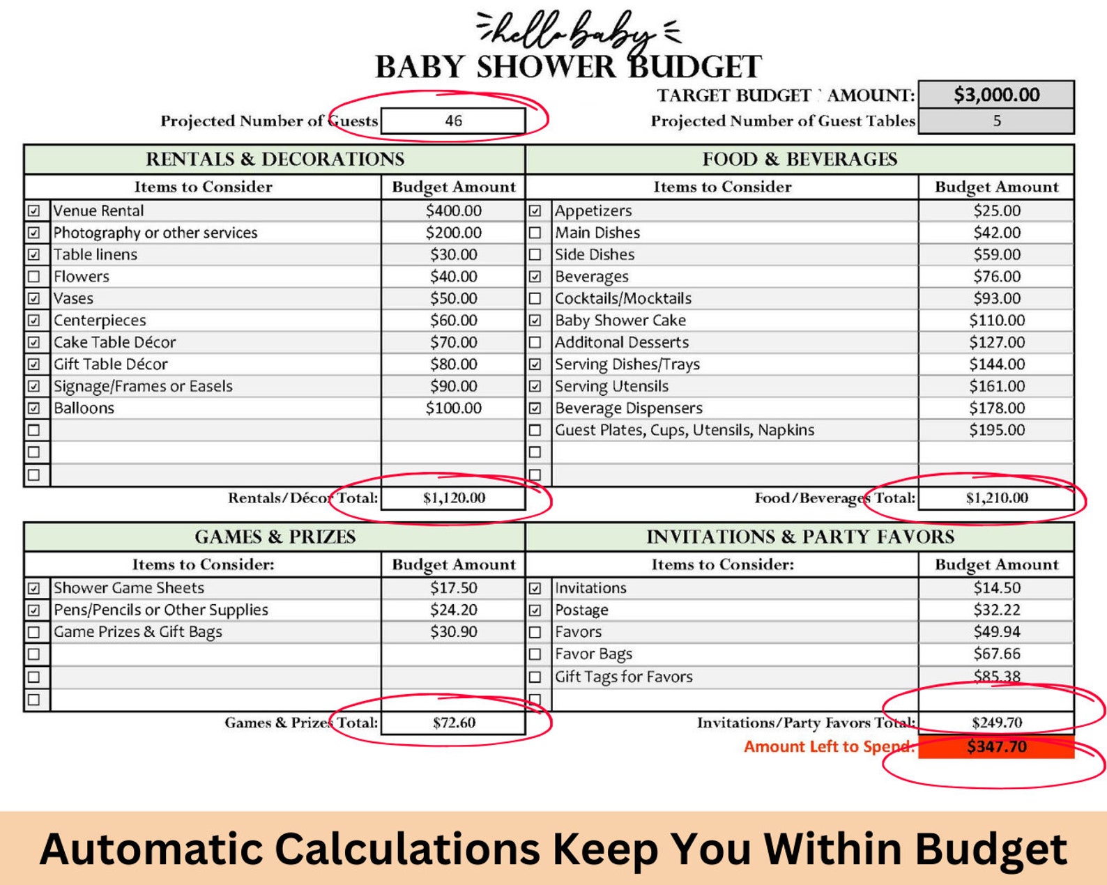 Excel Baby Shower Planner Excel Spreadsheet Digital Template, Hello ...