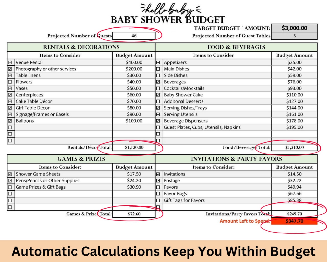 Excel Baby Shower Planner Excel Spreadsheet Digital Template, Hello ...