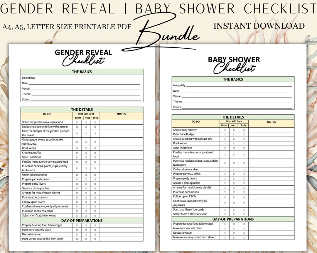 Printable Baby Shower Gender Reveal Checklist Bundle Instant Download ...