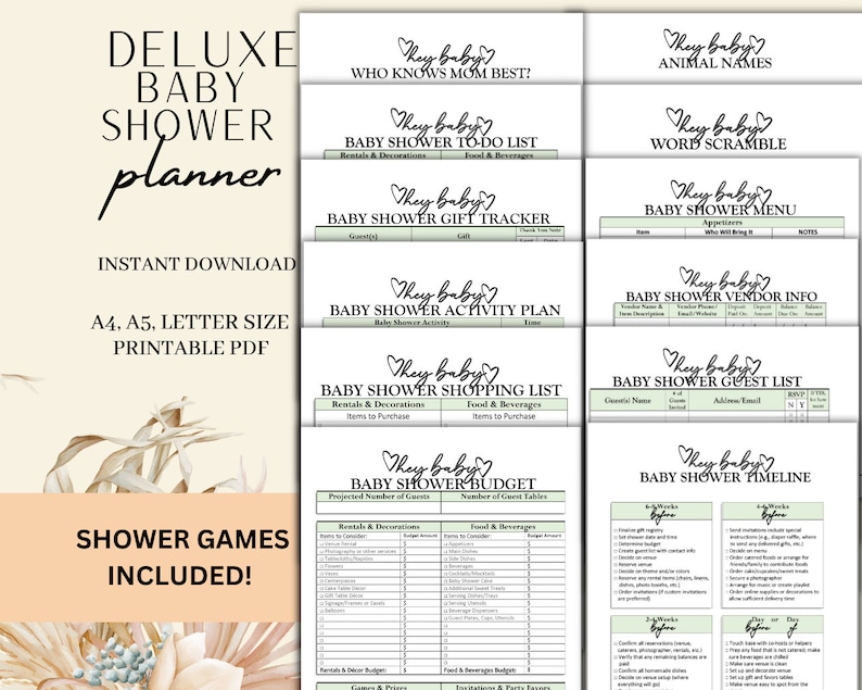 Plantilla imprimible de Baby Shower Planner, juegos incluidos ...