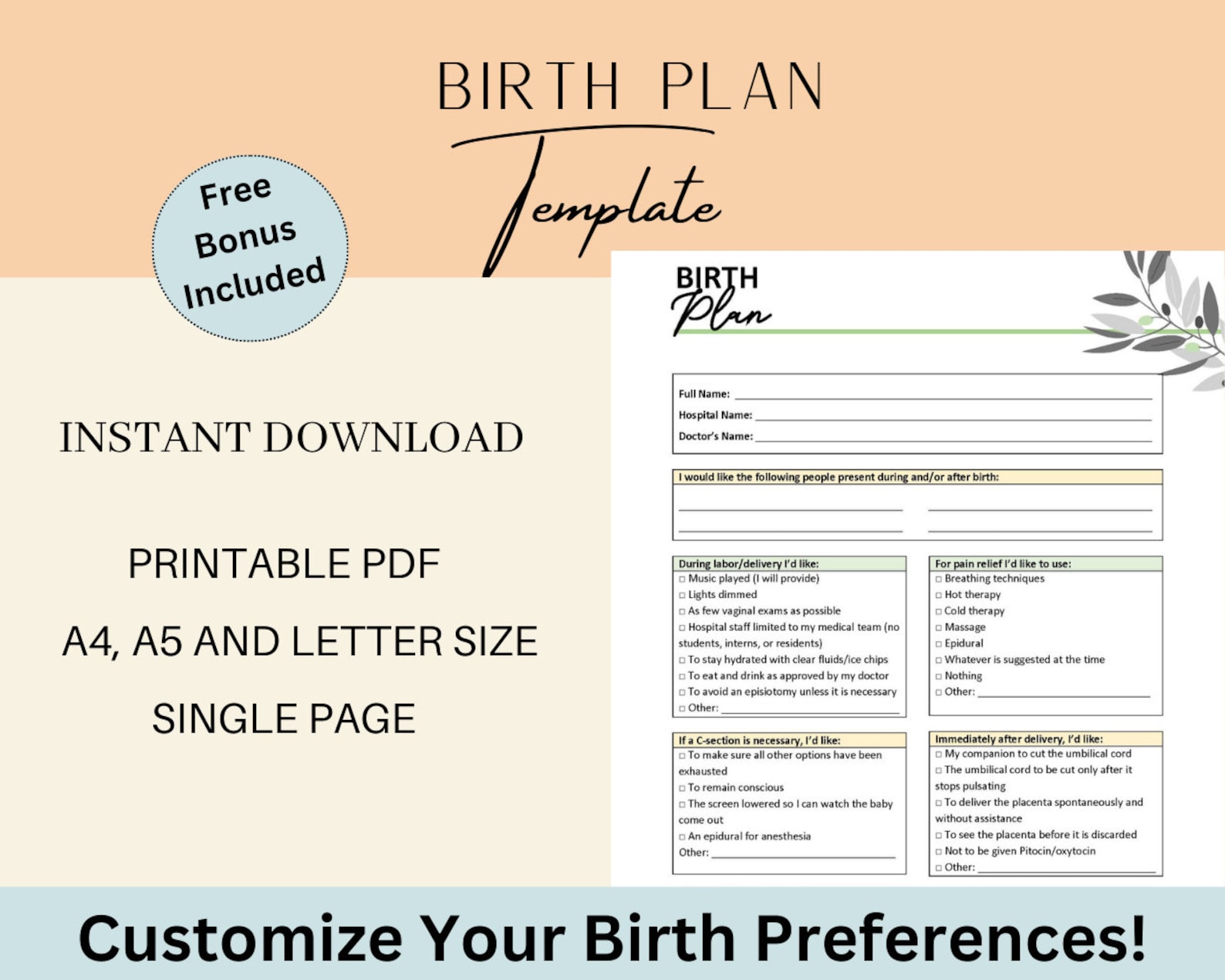 Printable Birth Plan Template Instant Download to Customize - Etsy