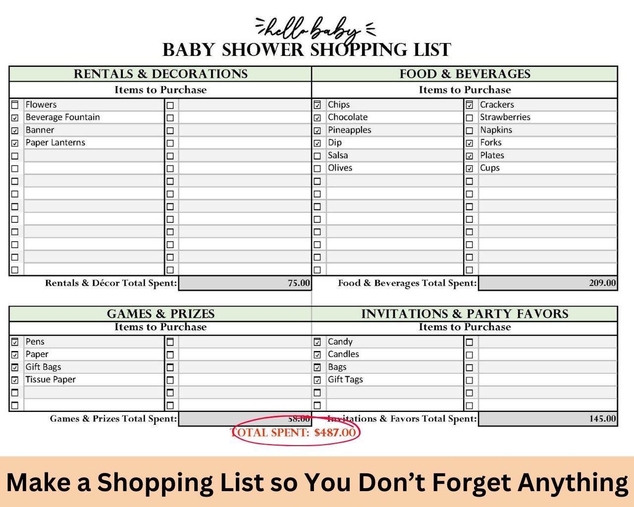 Excel Baby Shower Planner Excel Spreadsheet Digital Template, Hello ...