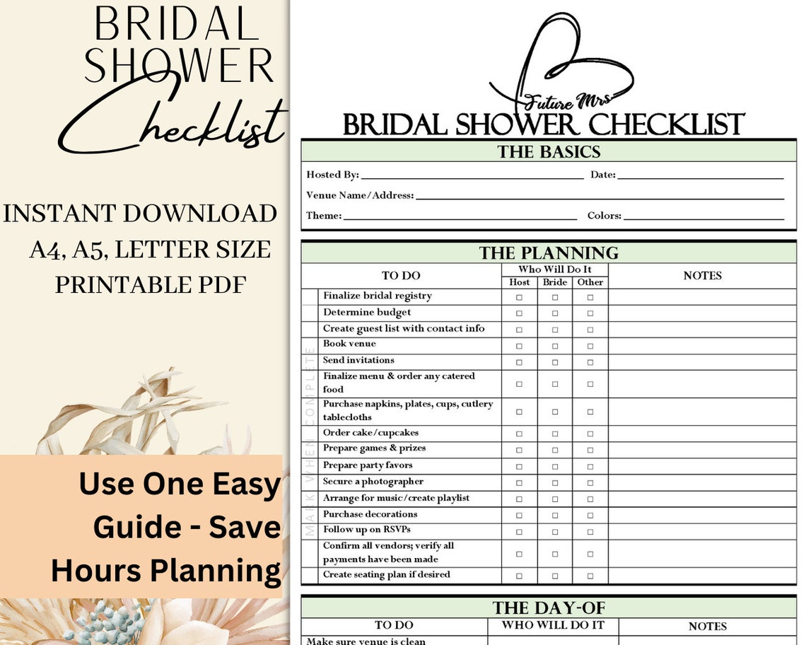 Bridal Shower Checklist: Printable Planning Guide (PDF Download - Etsy