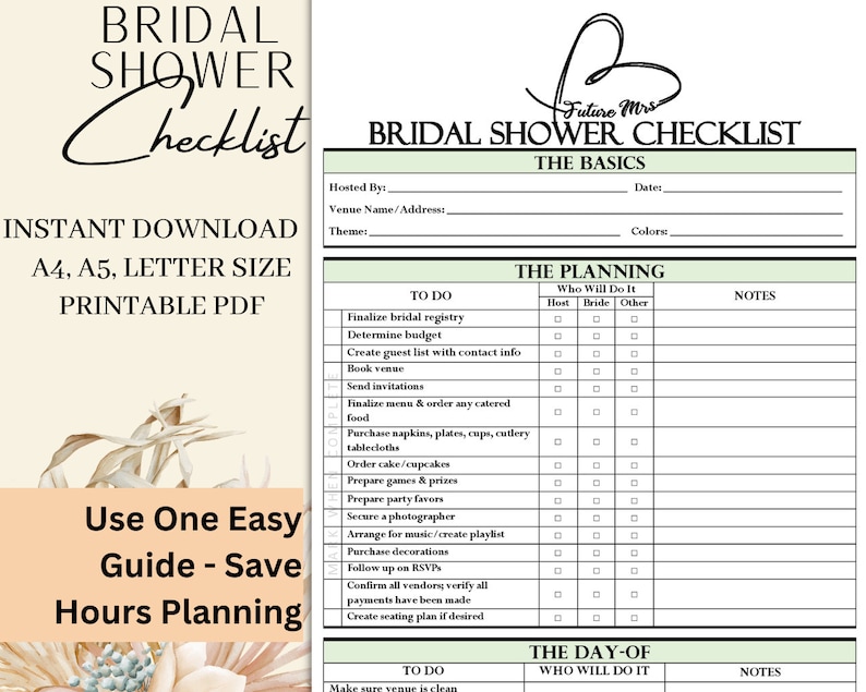 Bridal Shower Checklist: Printable Planning Guide (PDF Download - Etsy