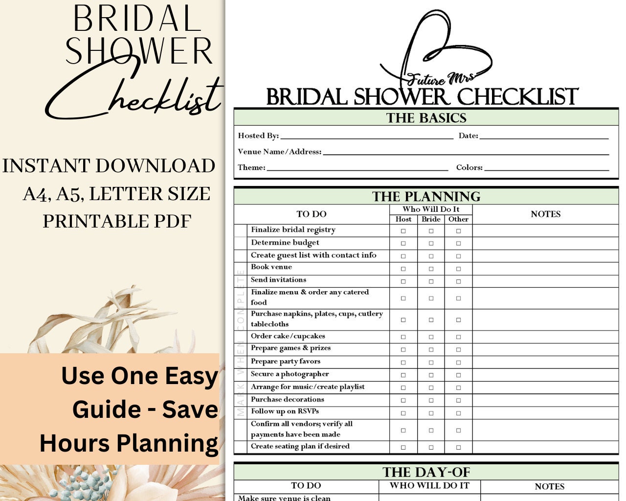 Printable Bridal Shower Checklist Instant Download Bridal Shower Guide