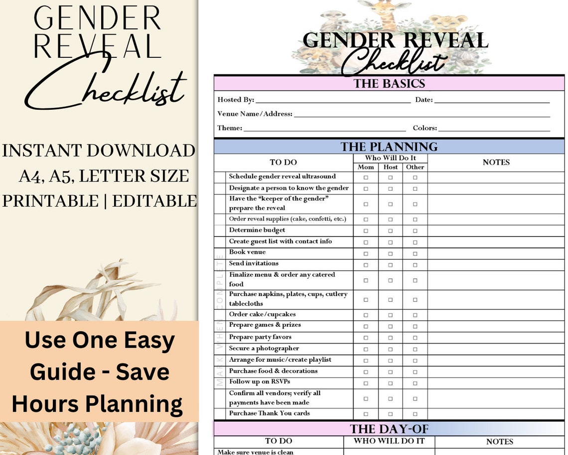 Printable Editable Gender Reveal Planning Template Checklist - Etsy
