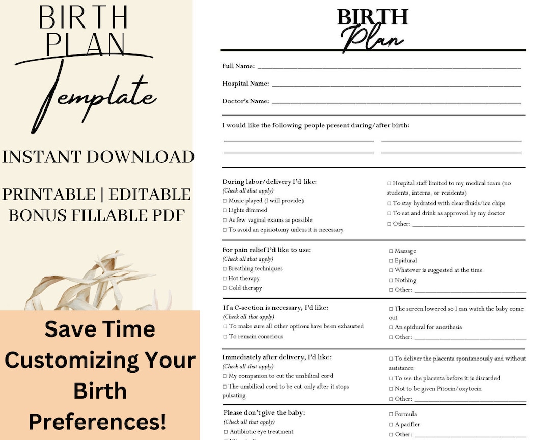Digital Printable Birth Plan Template Instant Download Fillable PDF ...