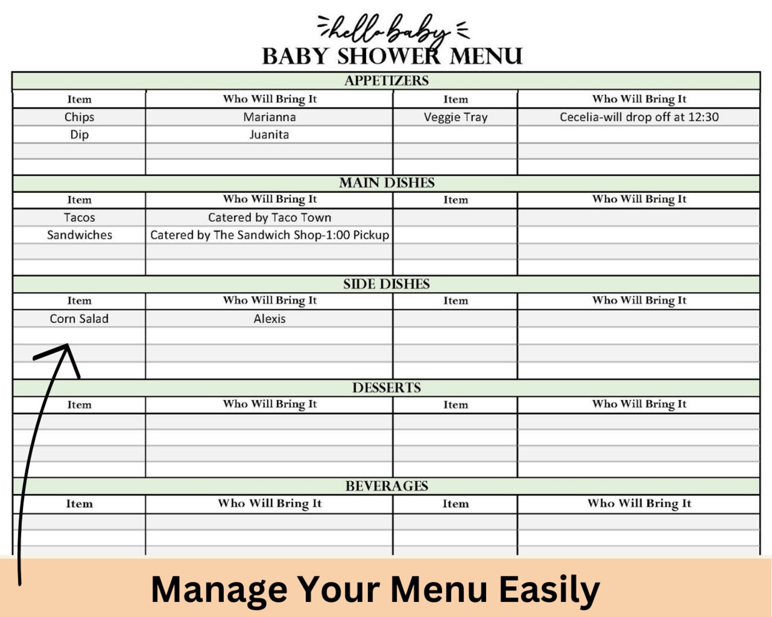 Excel Baby Shower Planner Excel Spreadsheet Digital Template, Hello ...