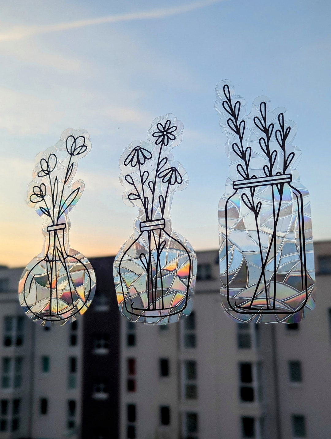 Suncatcher Window Sticker Set Three Vases, Rainbow Foil Reusable Window ...