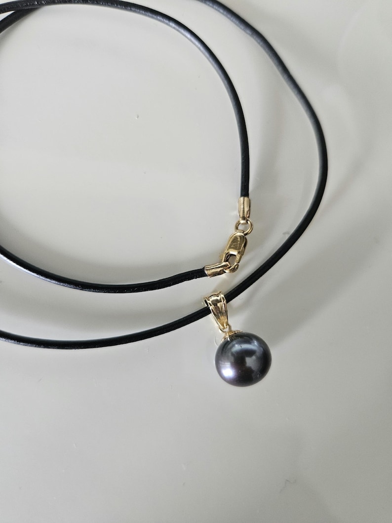 14k Solid Gold Fresh Water Pearl Pendant With Black 16 Inches Leather ...