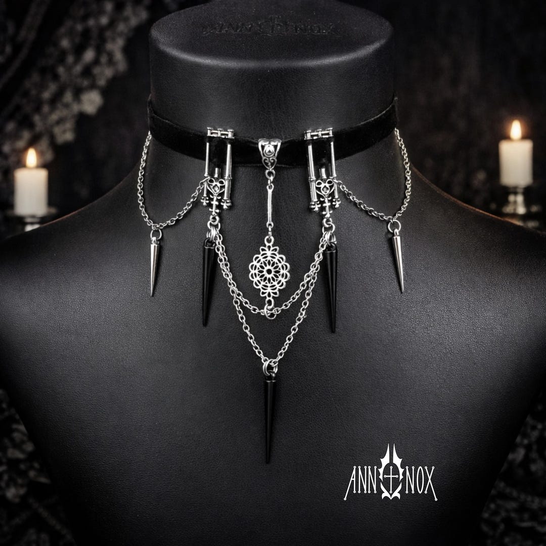 Inverted Cathedral Choker, Velvet Gothic Collar With Spikes, Hand-sewn ...