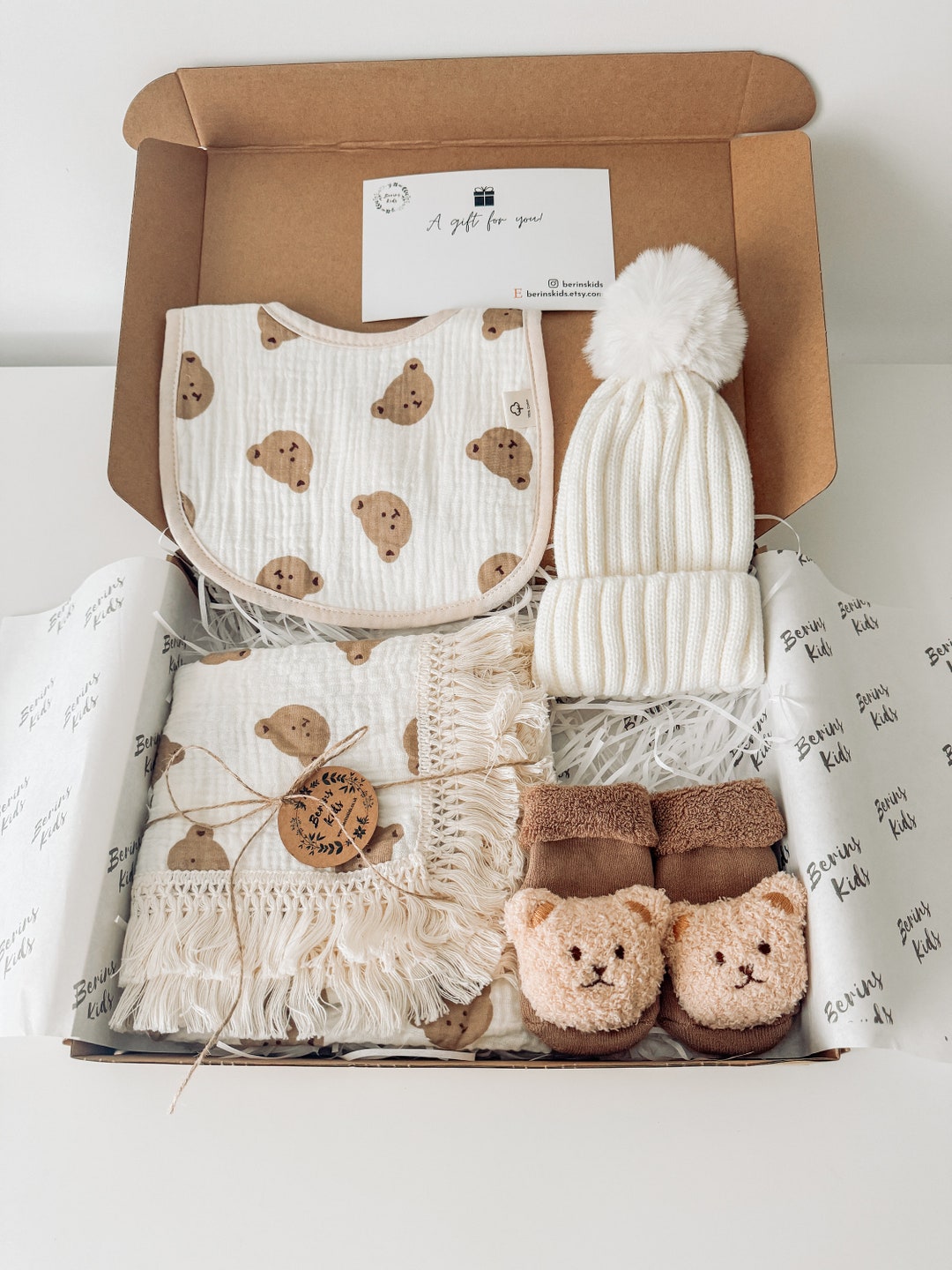 Baby Gift Set of 4 |tassel Bear Muslin Blanket, Bear Socks, Pom Pom Hat ...