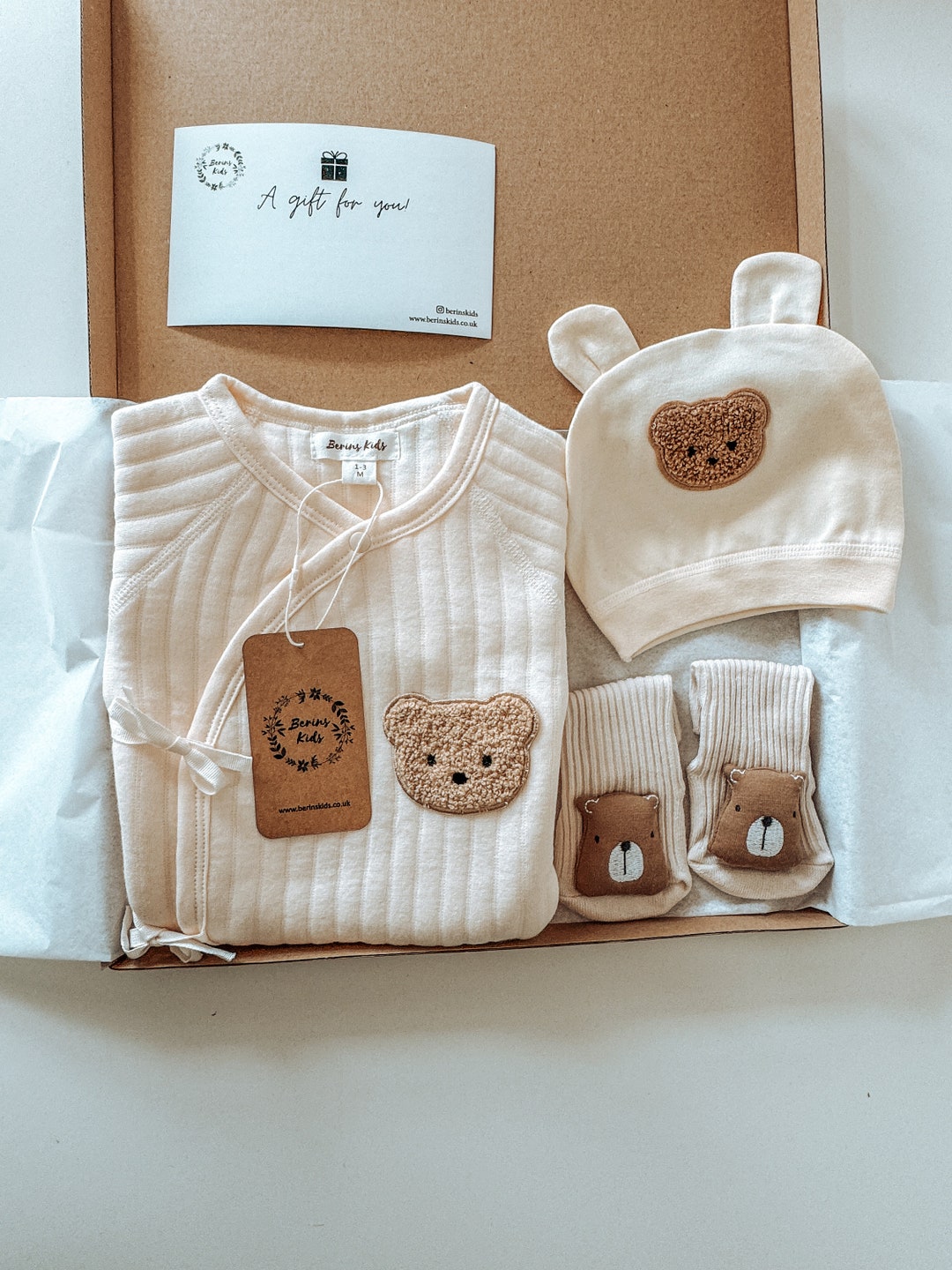 Personalised Baby Bear Gift Set of 3| Peachy Cream Cotton Romper, Beige ...