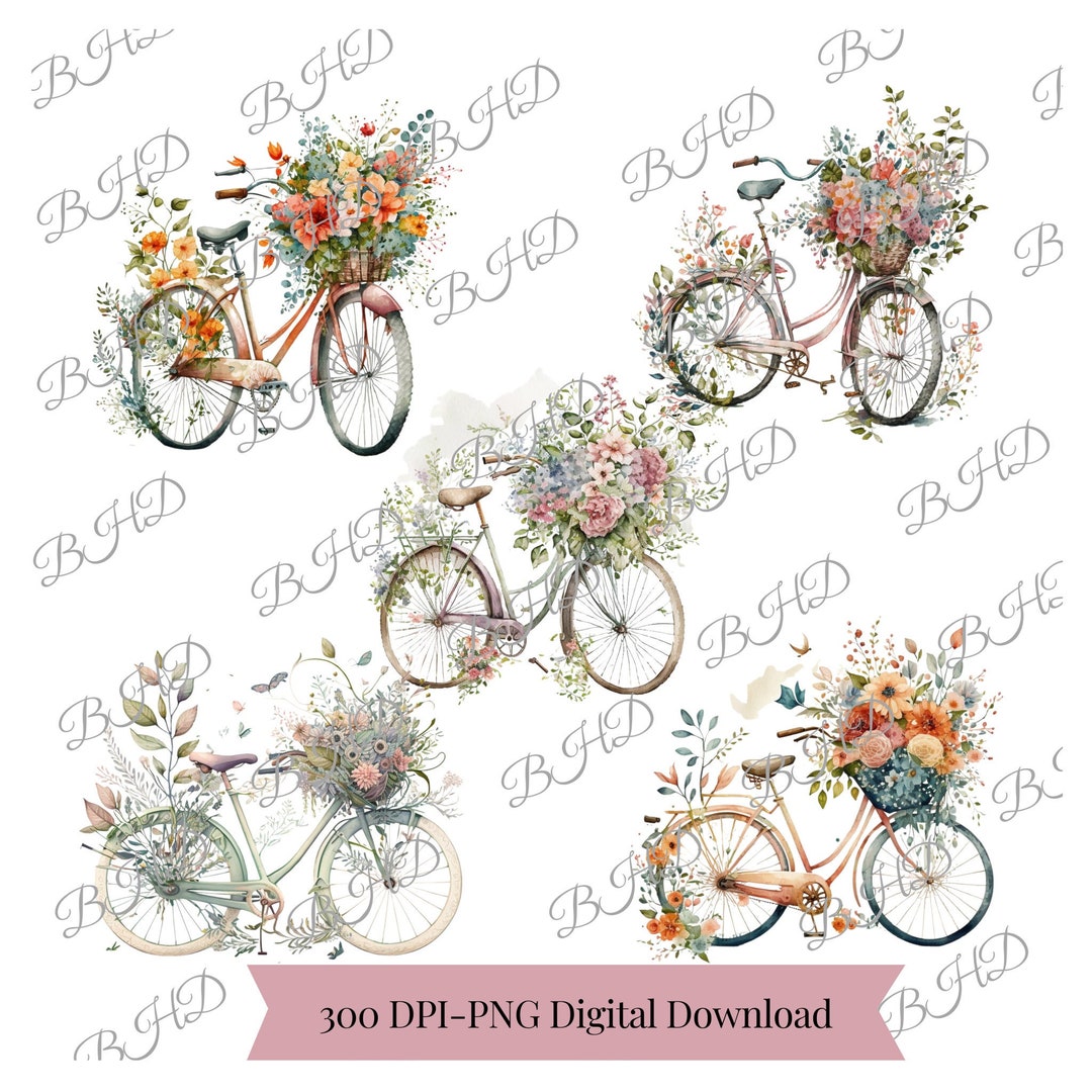 Watercolor Spring Bike With Flowers Spring Cardbundle - Etsy