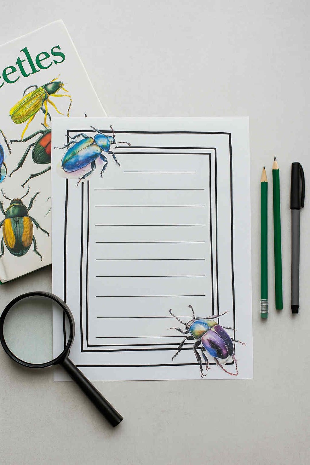 Beetle Themed Writing Paper, Nature Loving, Insect Watercolor Bug Paper ...