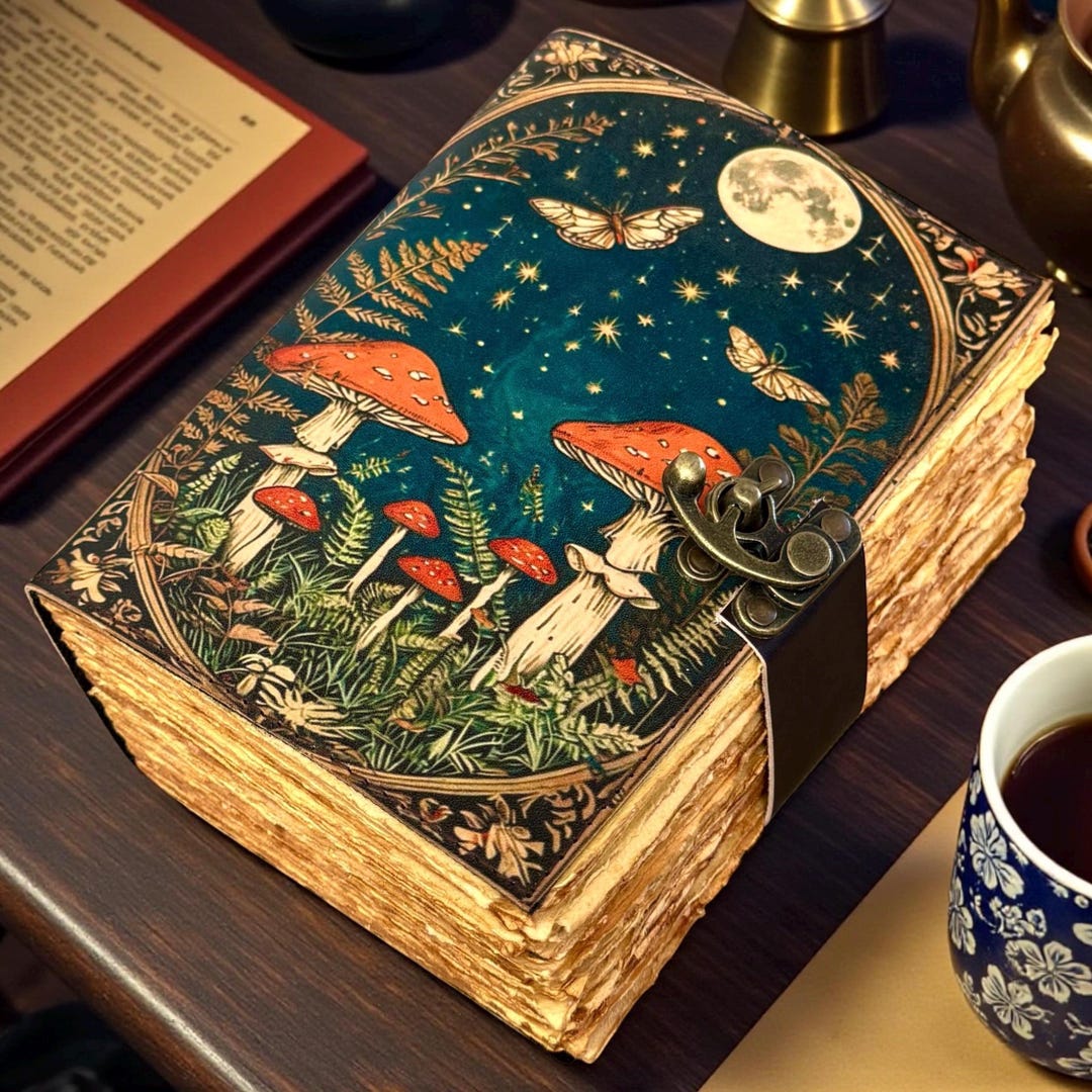 Mushroom & Moth Leather Grimoire Book of Shadows – 400 Page Handmade ...