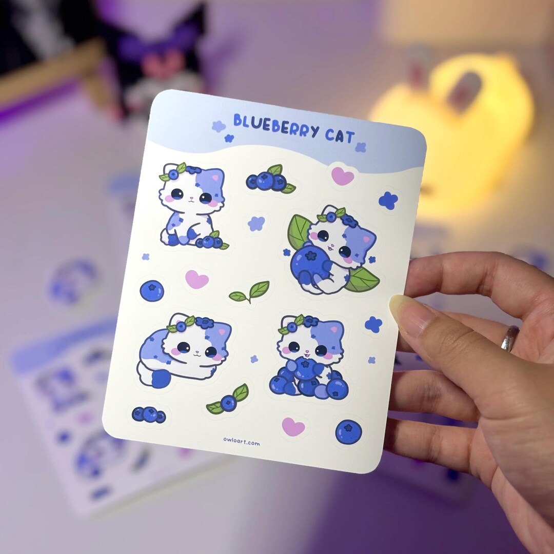 Blueberry Cat Sticker Sheet | Waterproof Matte Sticker | Planner ...