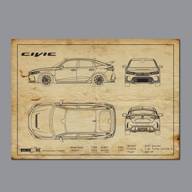 Honda Civic Poster, Civic Type R, Car Blueprints, Car Poster, Gift for ...