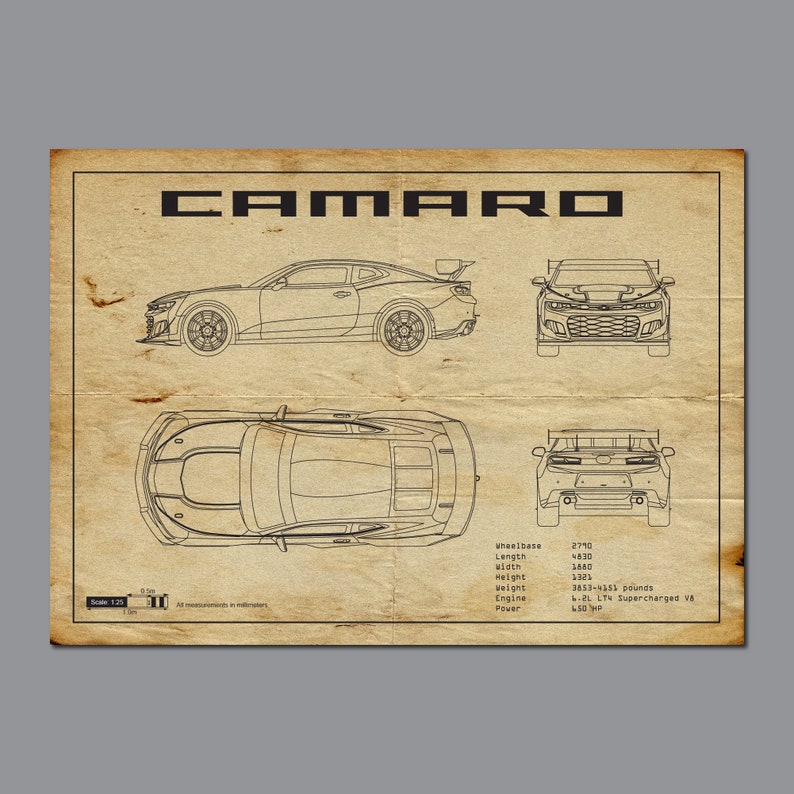 Blueprint of a Camaro, Chevy Camaro, Car Blueprints, Car Poster, Garage ...